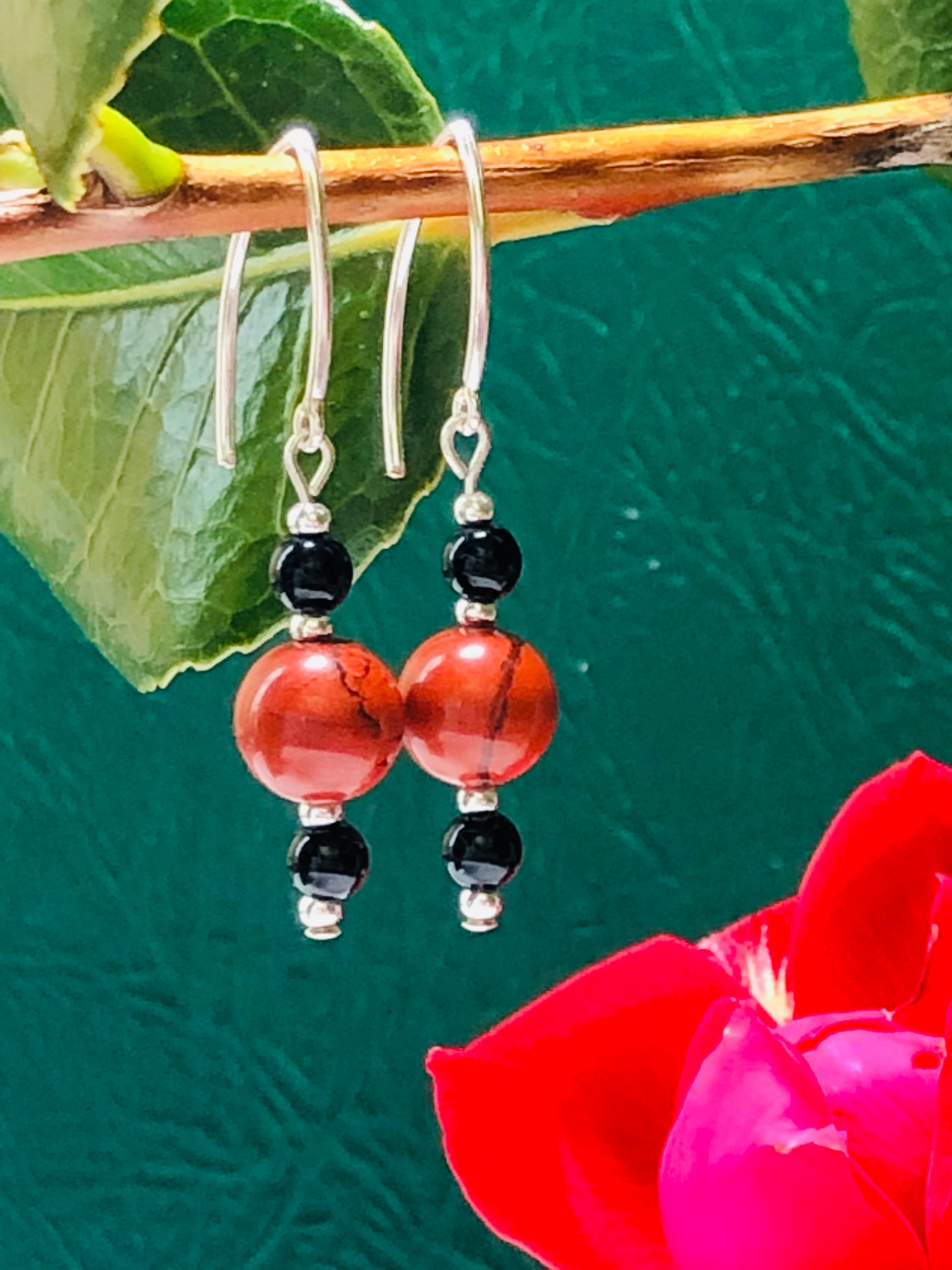 Alex Health Jewelry Red Jasper with Black Tourmaline 925 Silver Hook Drop Earrings 2. Lg. Vertical Sheppard w Ball